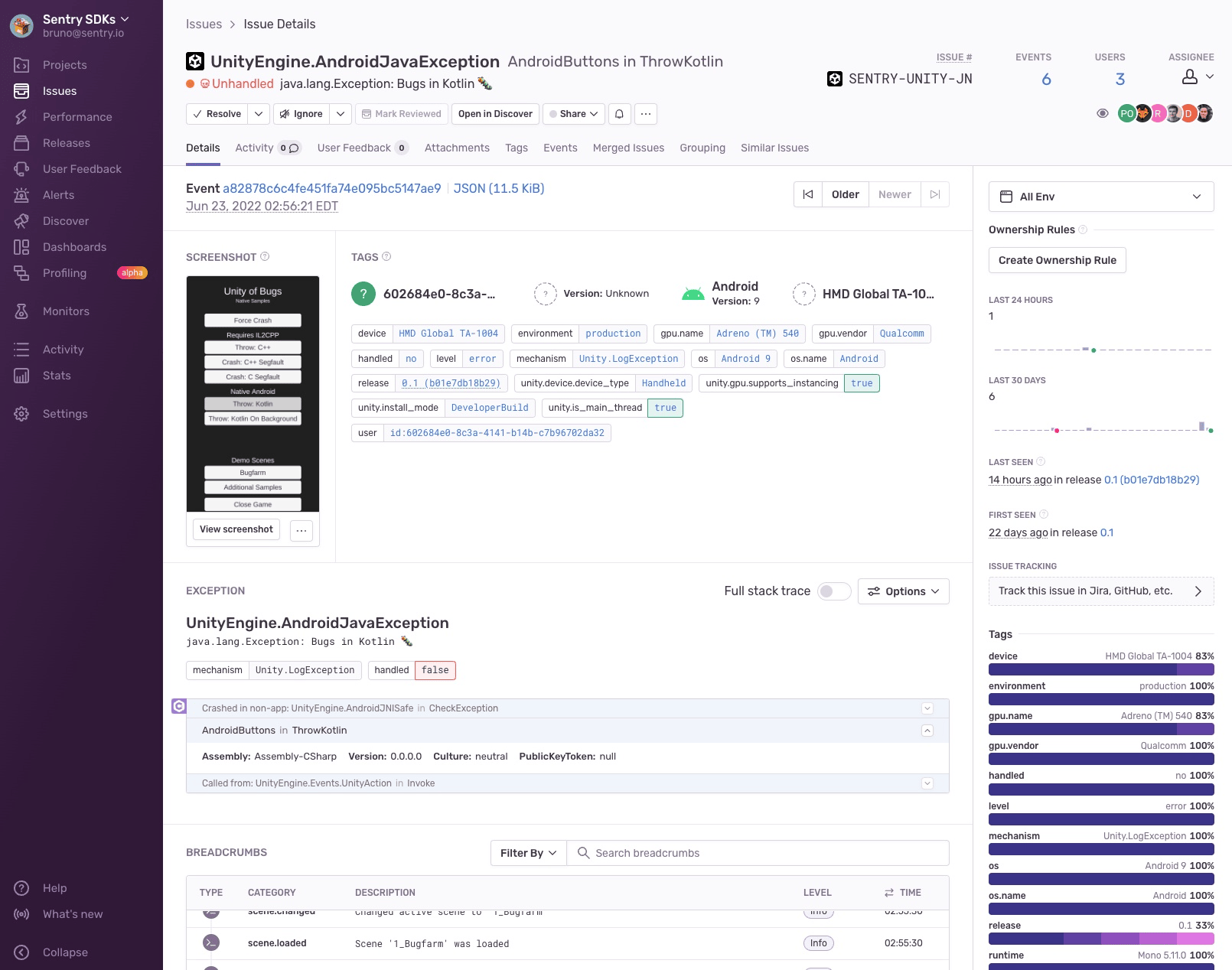 Screenshots | Sentry for Native